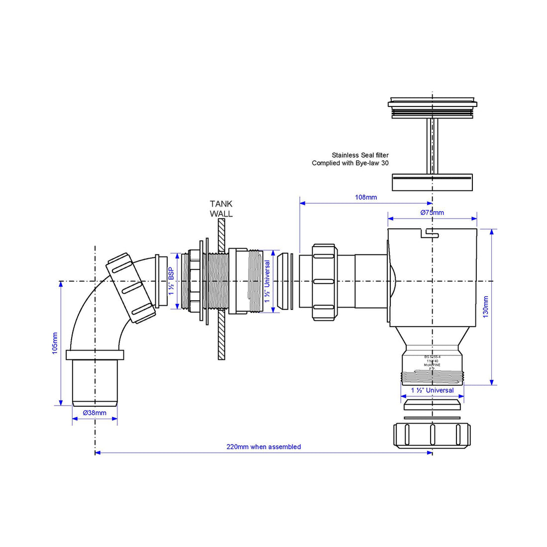 McAlpine 1.5" Complete Screened Tank Overflow Connector - Extended - R ...